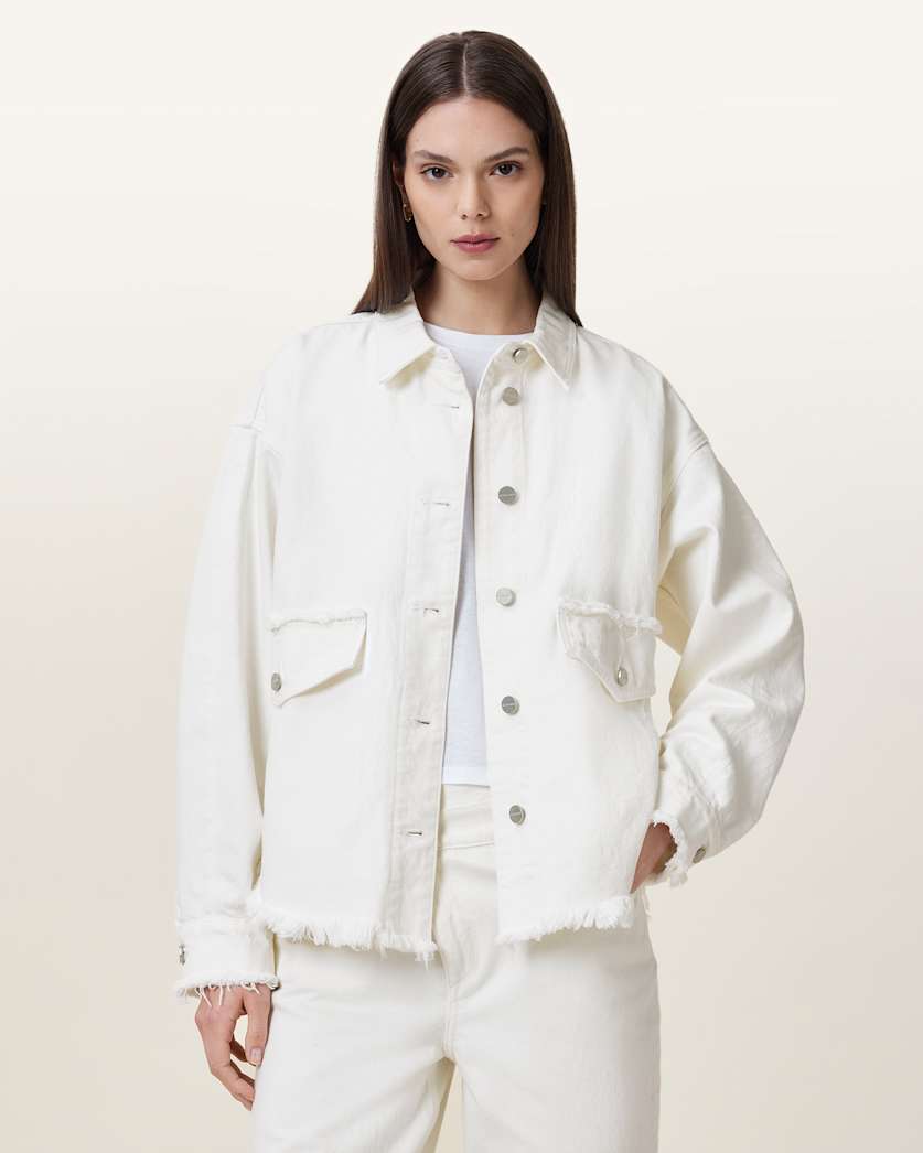 Hettie Frayed Oversized Cotton Shacket Off White | ALLSAINTS